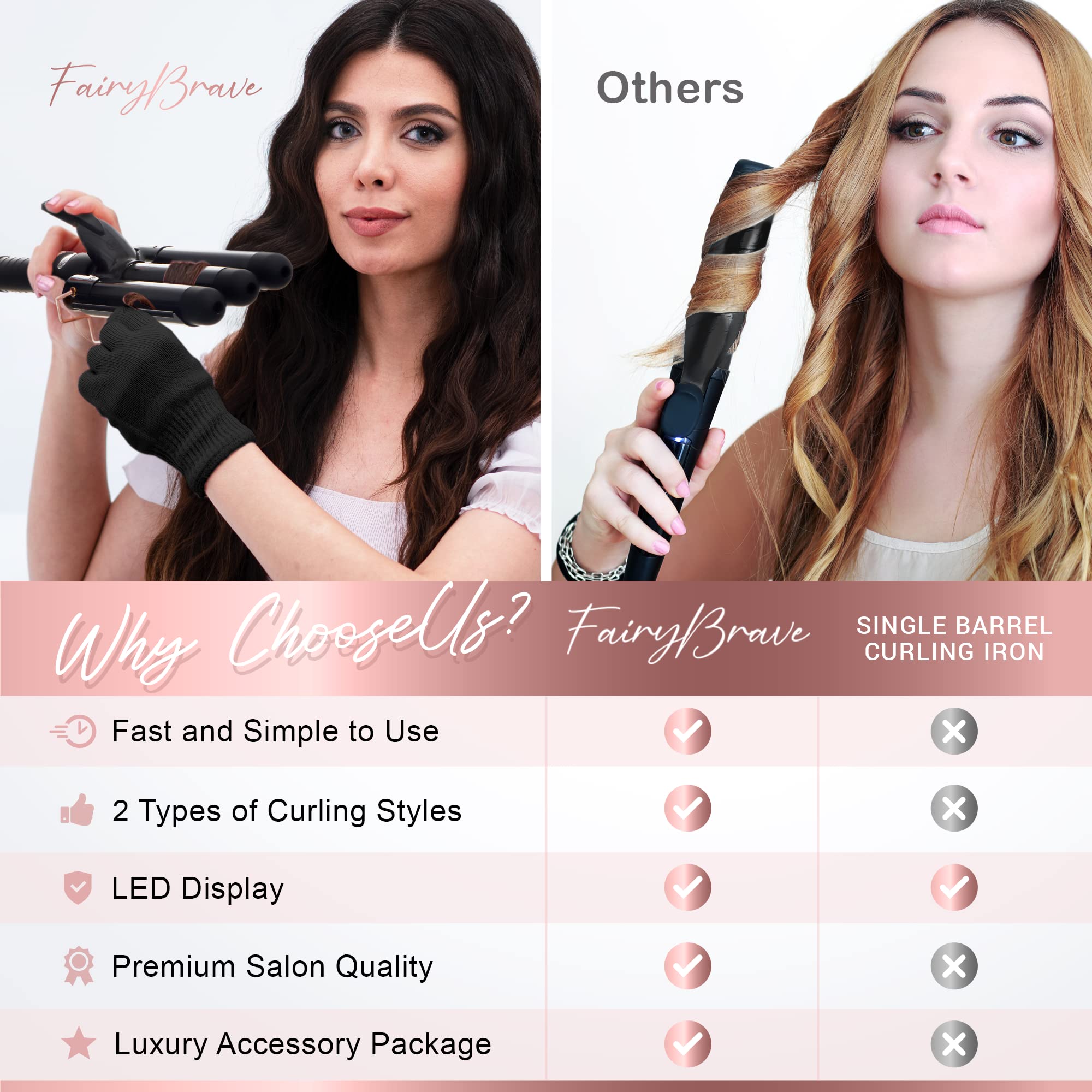 Large 3 Barrel Curling Iron, Triple Hair Waver & Crimper Wand for Beach Waves, Ceramic Tourmaline with Adjustable Temperature - Glam Waver, Black