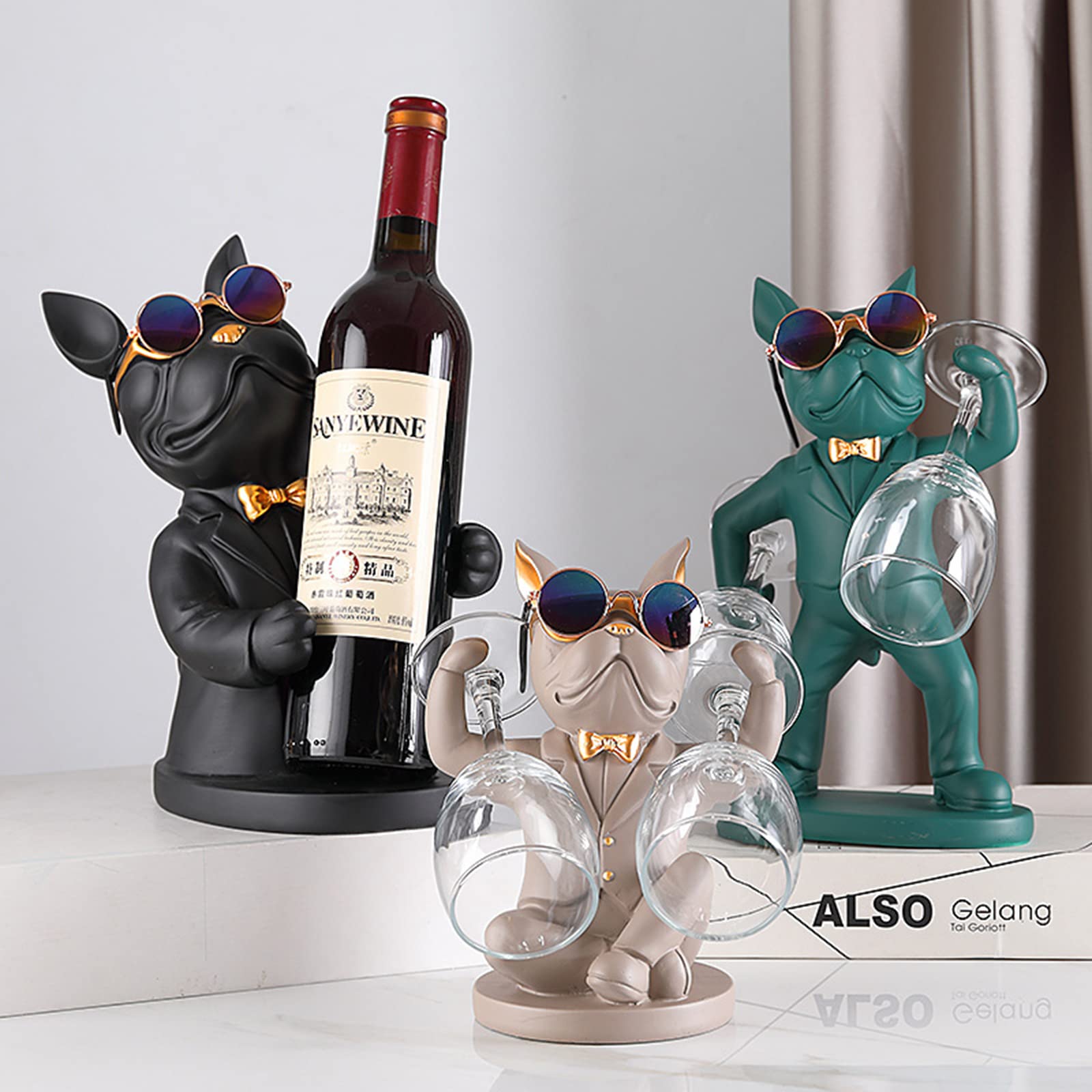 NUACOS French Bulldog Dog Wine Glass Rack,Puppy Statue Wine Glass Rack,Polyresin Wine Bottle Holder Creative Tabletop WineRacks Holder Display Stand for Bar Kitchen Counter Décor(Black)