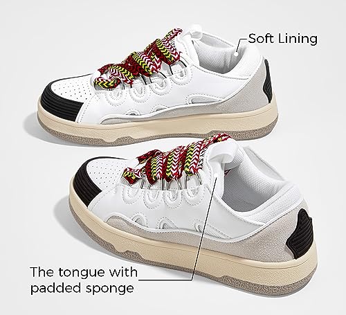 LUCKY STEP Women's Fashion Classic Leopard Leather Suede Sneakers Platform Casual Walking Tennis Club Flat Double Lace up Shoe(White,9B(M) US)