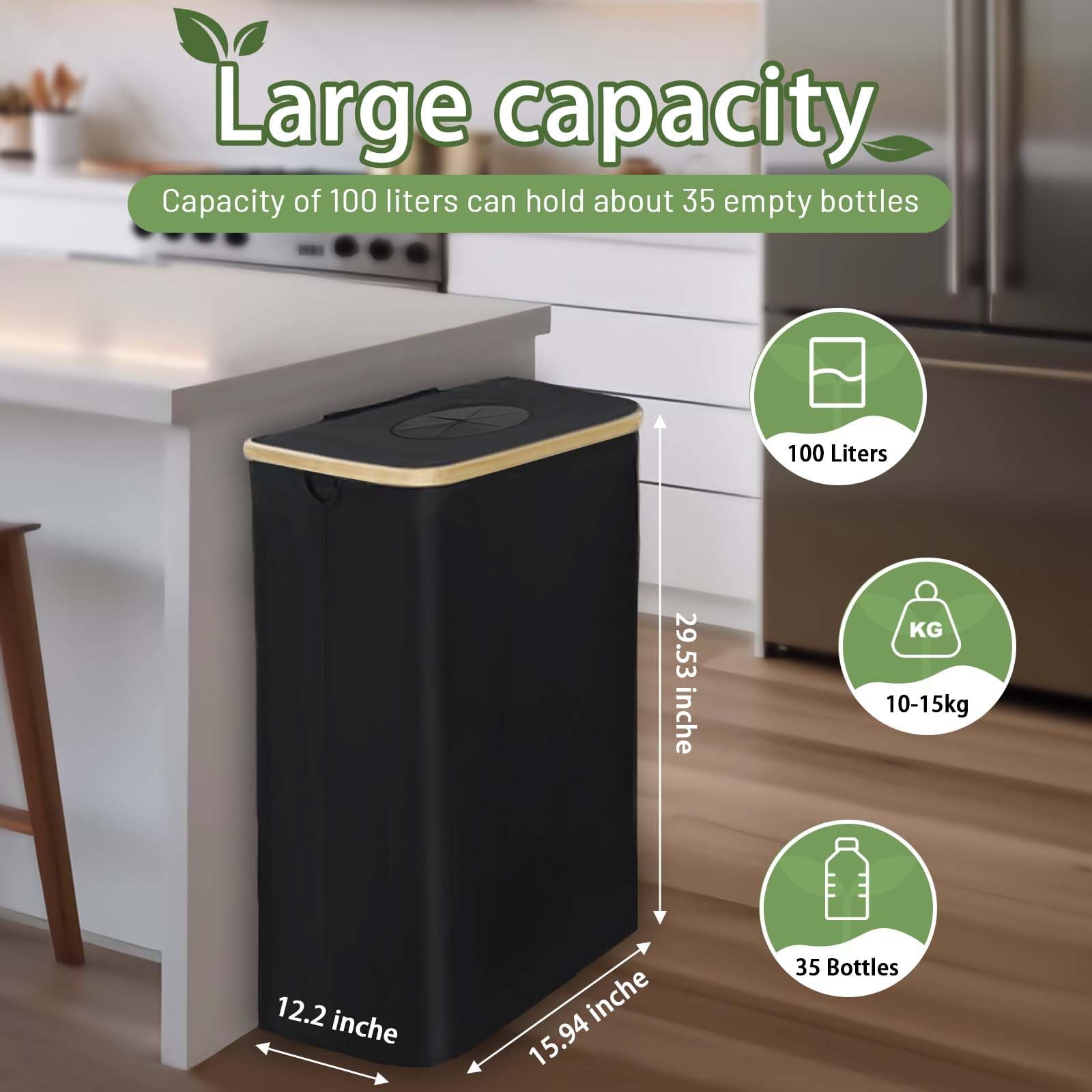 Wyxexx Recycling Bin for Kitchen 26 Gallon,100L Recycle Bins for Kitchen Indoor with 2 Removeable and Reusable Inner Bag, Large Recycling Bin with Lid for Bottle Cans Plastice Stickers Glass