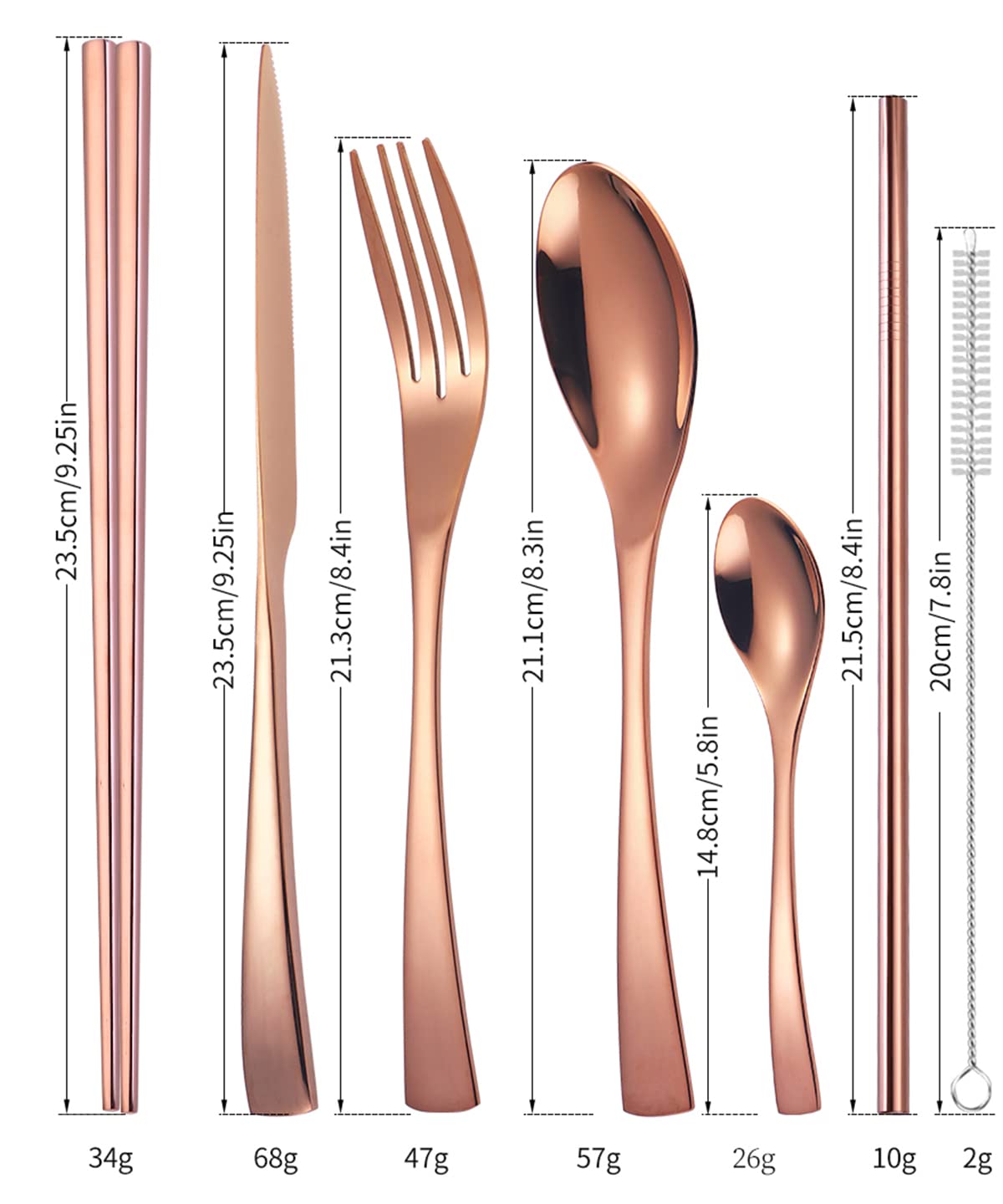MURRI&MURRDI 7 Pieces Reusable Utensils Set with Case Portable Cutlery Set Stainless Steel Travel Utensils Including Knife Fork Spoon Chopsticks Straws Brush,Dishwasher Safe(7 Rose golden)