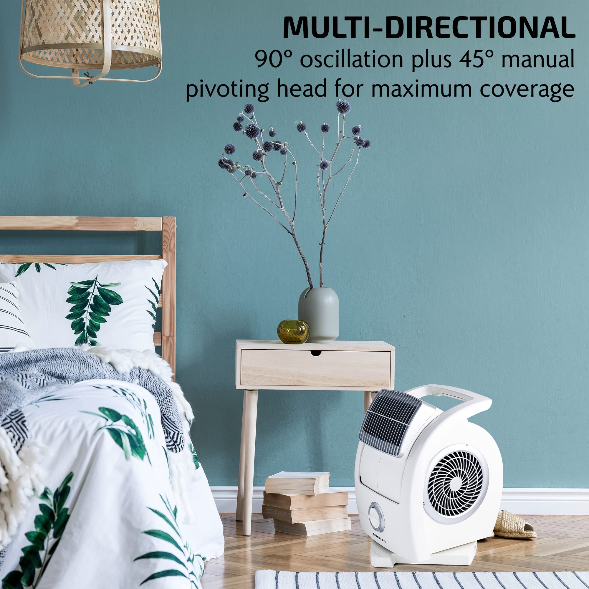 OVENTE Electric Blower Floor Fan 15" with 3-Speed Control, 90° Oscillating and 45° Manual Pivoting Head, Low-Noise Technology and Easy to Clean Air Filter Ideal for Home, Bedroom, Office, White BF74W