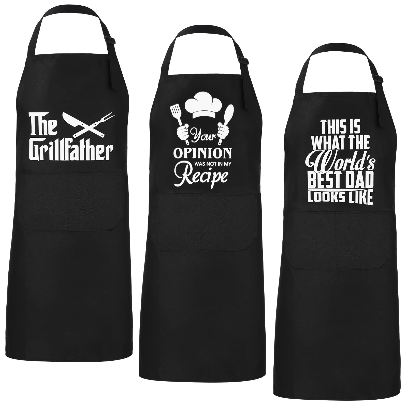 Newcotte 3 Pcs Men Father's Day Aprons Cooking Gifts for Men Dad Kitchen Aprons with Pockets Funny Cooking Chef Apron for Dad Husband Birthday Gifts from Daughter Son Grilling BBQ Baking, 3 Designs