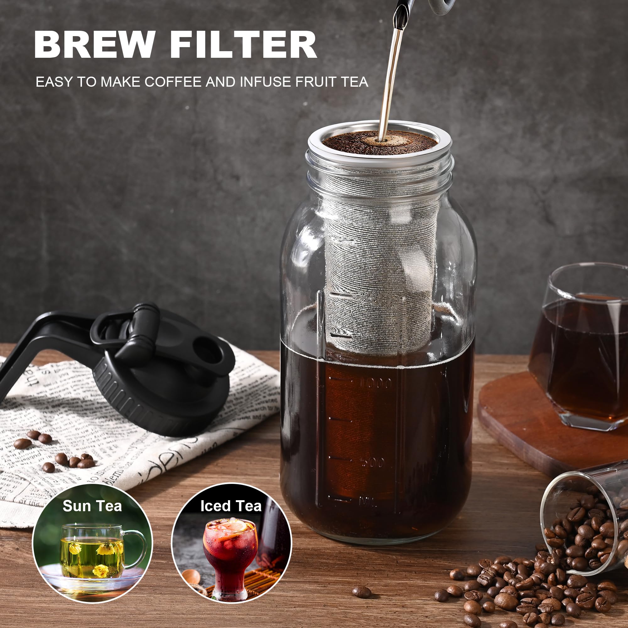 KMIGRUAN Cold Brew Coffee Maker-64oz (2 Quart) Durable Glass Mason Jar Cold Brew Pitcher, Flip Cap Lid with Handle,Stainless Steel Super Dense Filter for Iced Brew Coffee, Iced Tea, Sun Tea