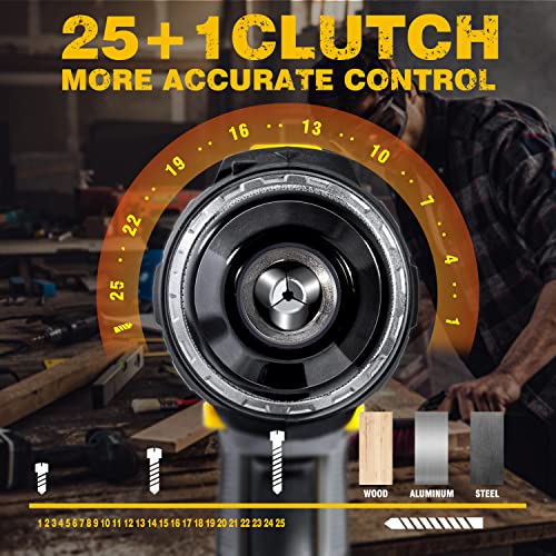 RIDA Cordless Drill 20V Electric Power Drill 1/2'' Keyless Metal Chuck 355 In-lb(40N.m) Torque with 2.0AH Li-ion Battery & Fast Charger, Variable Speed, 25+1 Position and 22pcs Bits New Year Presents