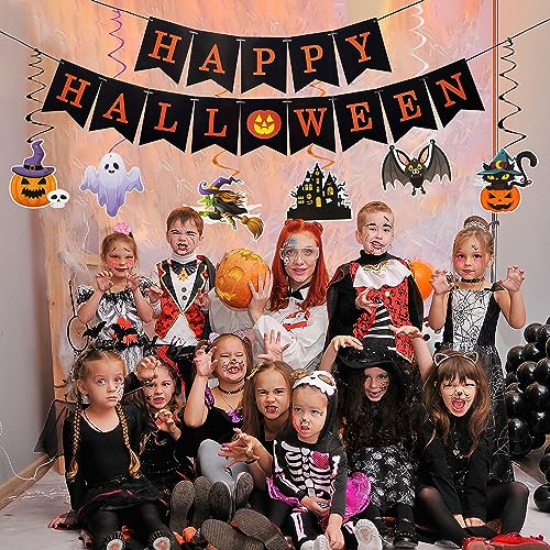 Lucleag 12Pcs Halloween Hanging Swirls Decorations & Halloween Banner, Pumpkin Bat Witch Ghost Hanging Decor Happy Halloween Banner for Ceiling Wall, Hanging Decoration for Halloween Party Supplies