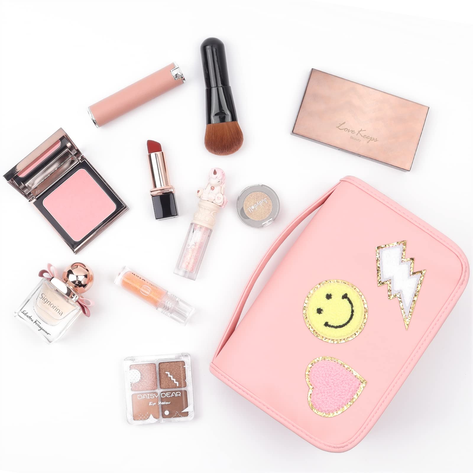 SANCARDY ZOCHON Preppy Patch Makeup Bag PU Leather Small Cosmetic Bag Portable Waterproof Travel Organizer Cute Mini Makeup Bag for Women Gift Pink