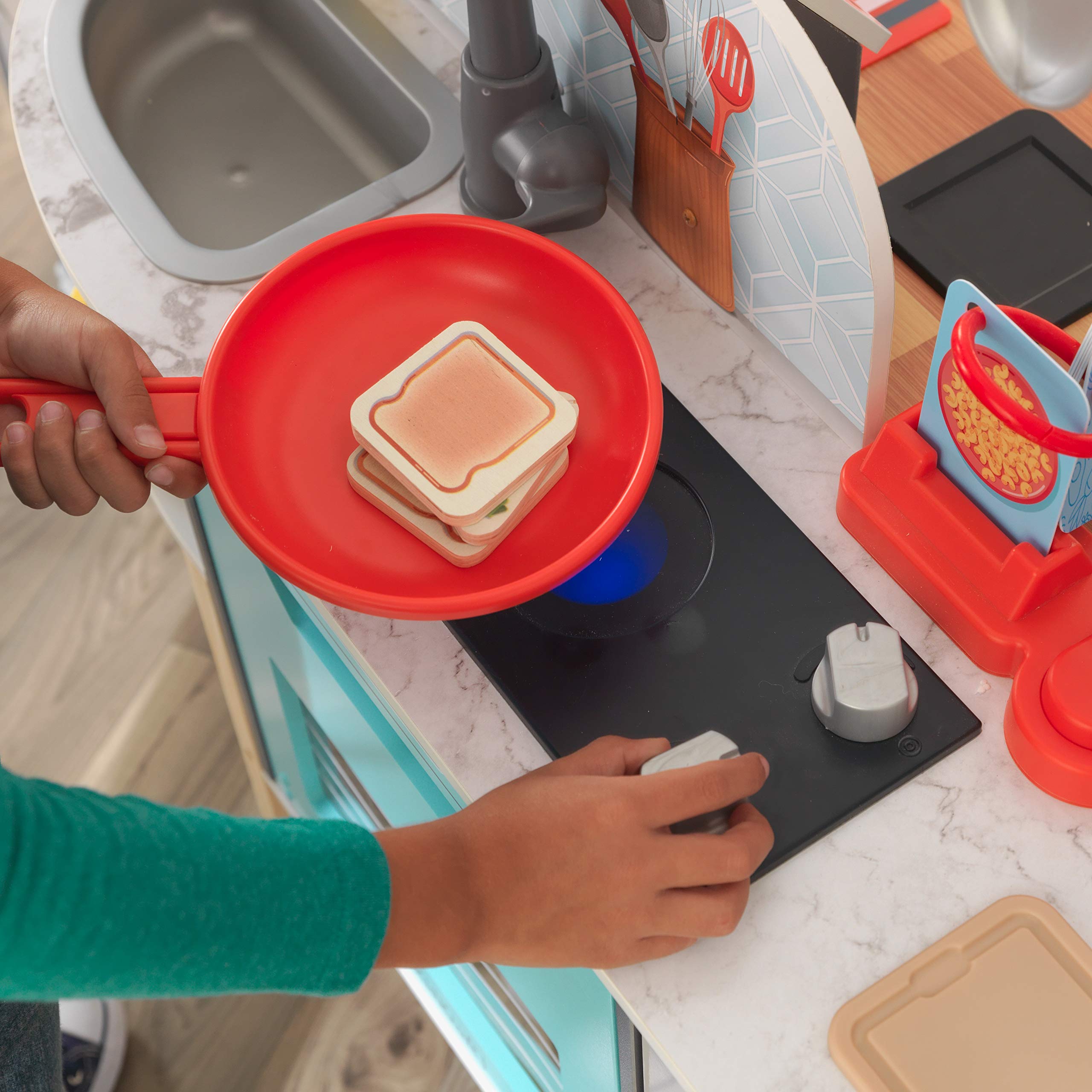 KidKraft Alexa-Enabled 2-in-1 Wooden Kitchen & Market with Lights and Sounds, Interactive Foods and Games Plus 105 Accessories, Gift for Ages 3+, Amazon Exclusive