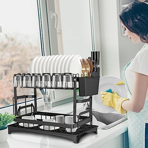 Makayla Dish Drying Rack - Rustproof, 2 Tier High Capacity and Solid Design, Metal Kitchen Counter and Cutting Board Organizer, Drainboard, Knife Cup Utensil Holder, Black