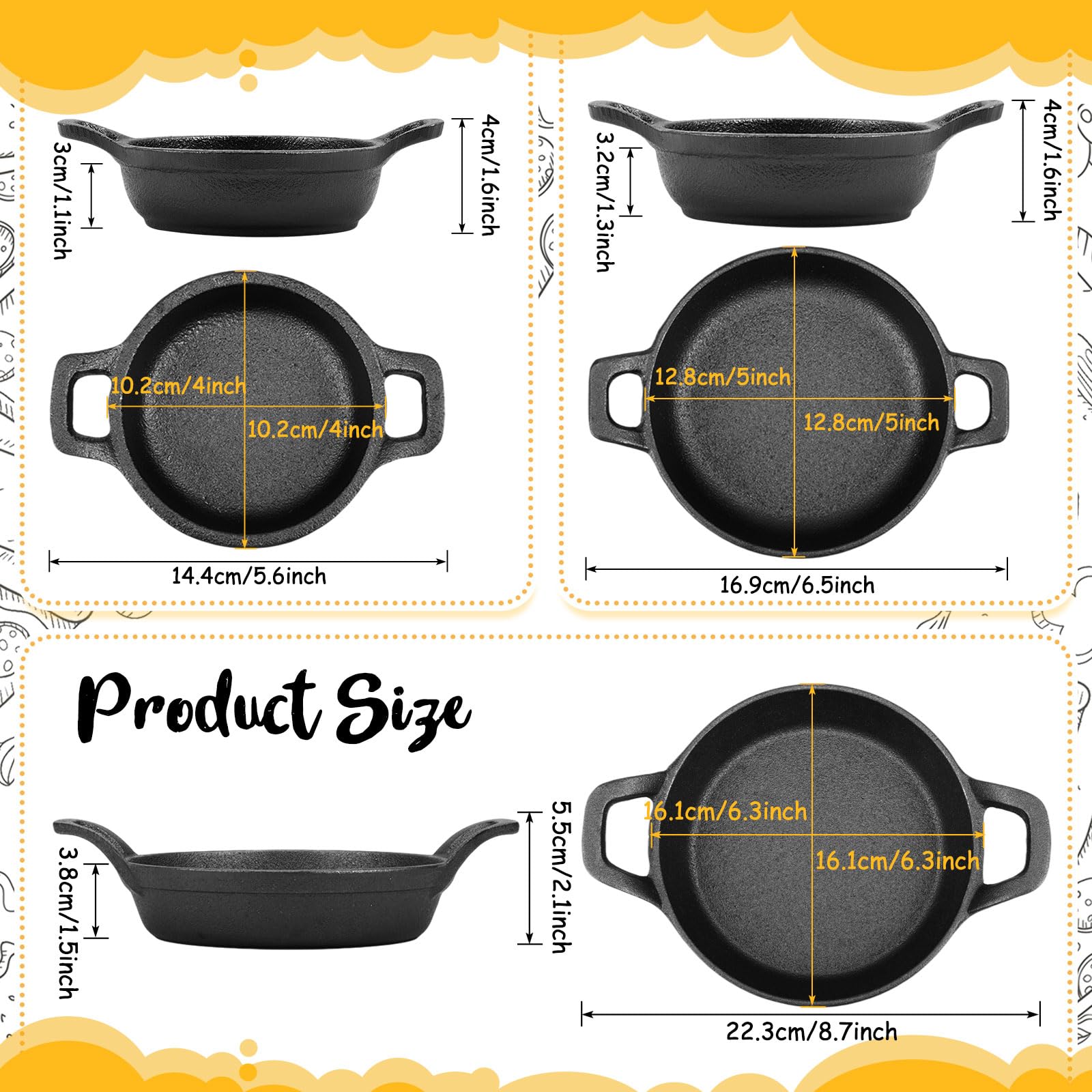 Ziliny 3 Size Mini Cast Iron Skillets with Handle Small Cast Iron Skillet Pan Set, 4", 5", 6.3", Black Iron Pans for Cooking, Frying, Saute, Pizza, for Oven, Stove, Grill Use