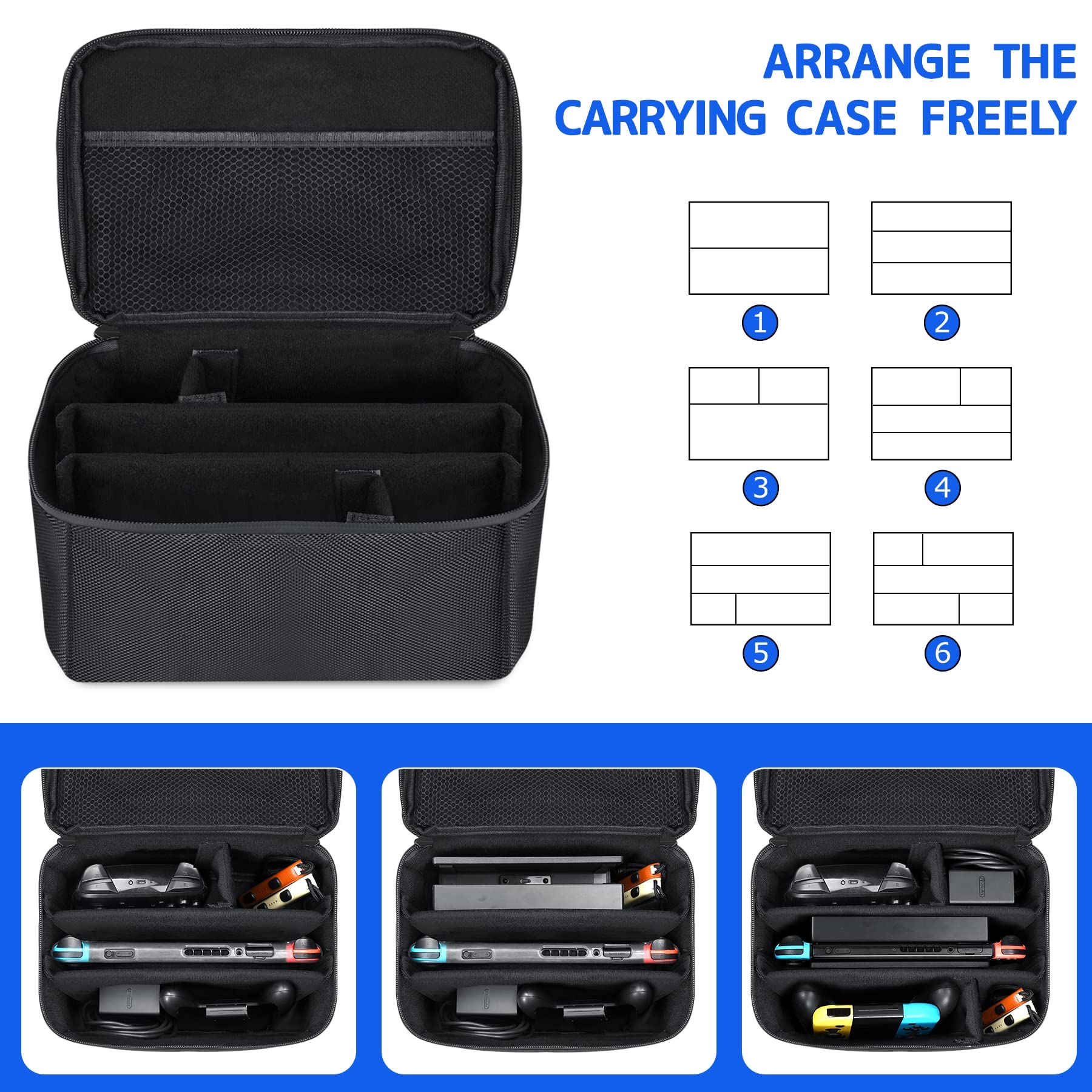 NinjaPlusOX Carrying Case for Nintendo Switch/Switch OLED Model 2021, Soft Shell Protective Portable Switch Carrying Case Travel Bag for Switch Console & Accessories, Removable Compartments, Black
