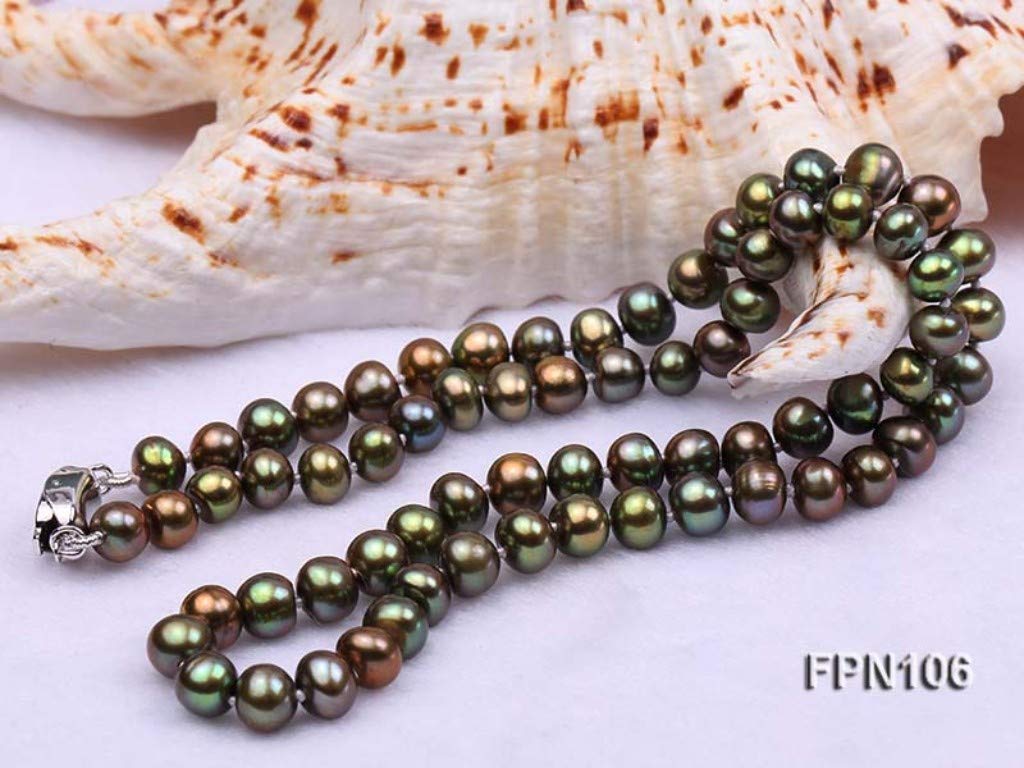 JYX Pearl Necklace 7-8mm AA Dyed-green Flat Freshwater Pearl Necklace 18"
