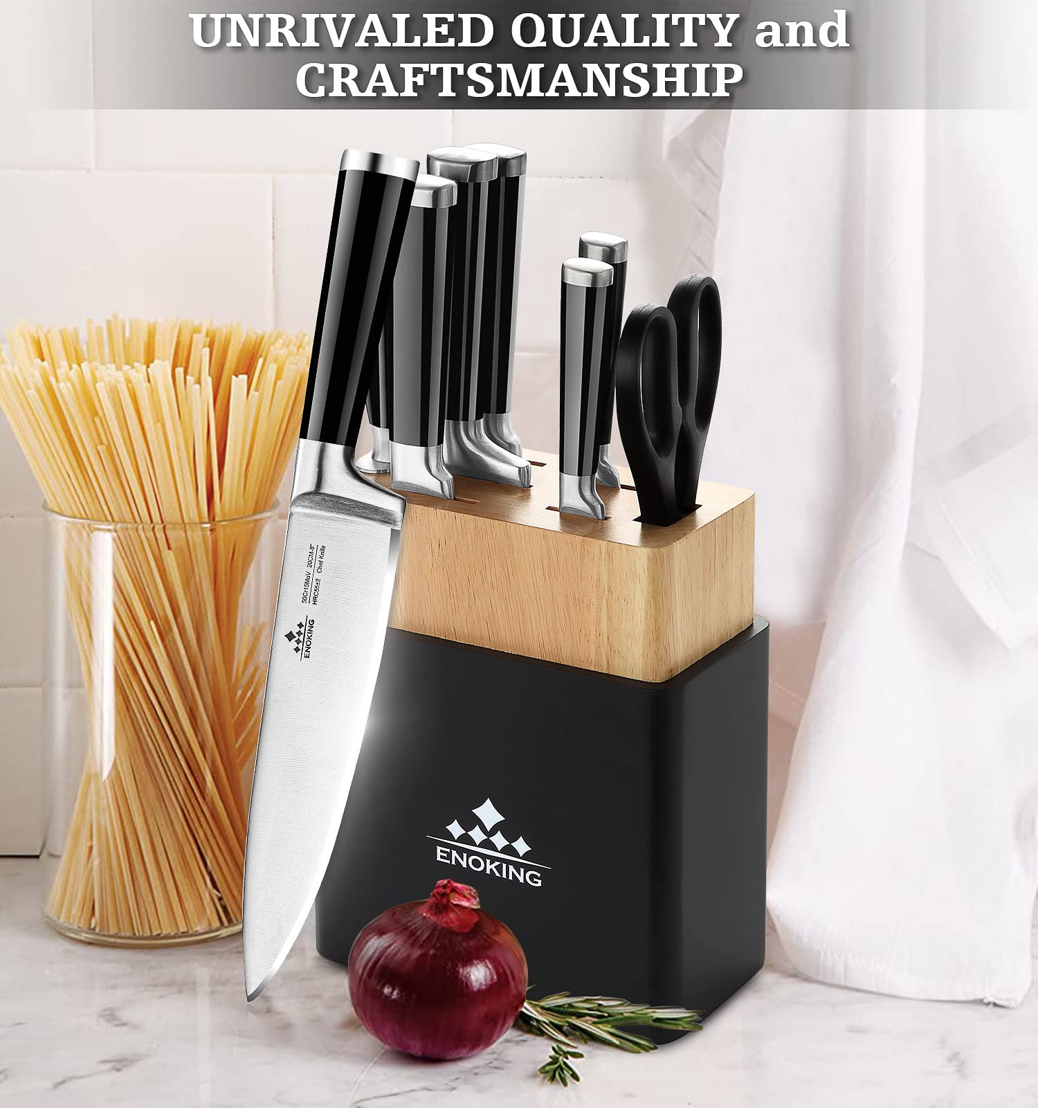Knife Block Set, ENOKING 8 Pieces Kitchen Knife Set with Independent Sharpener, German Stainless Steel Knives Set for Meat, Vegetables, Fruits, Chopping, Slicing, Dicing & Cutting, Ultra Sharp