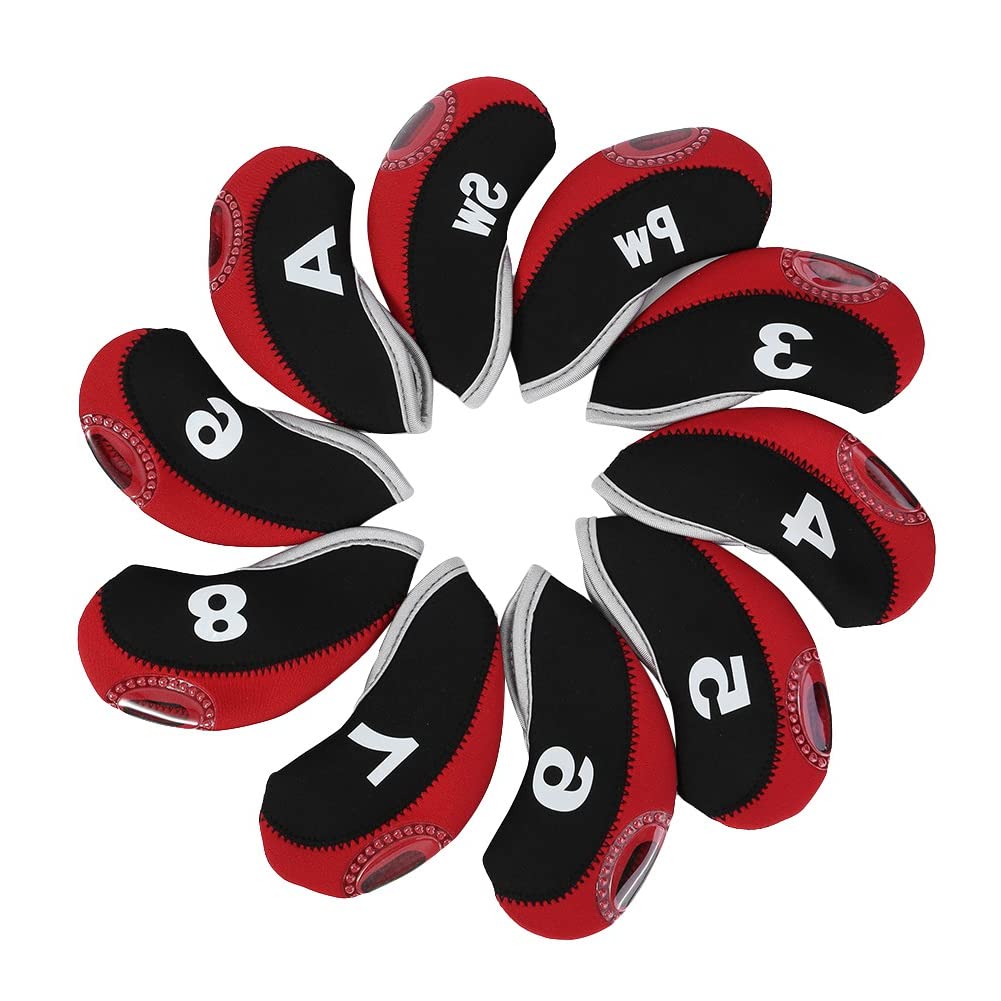Putter Cover, Covers Iron Head Covers Driver Head Cover Clubs 10pcs Waterproof Machine Washable for Lovers(Black red + Number)