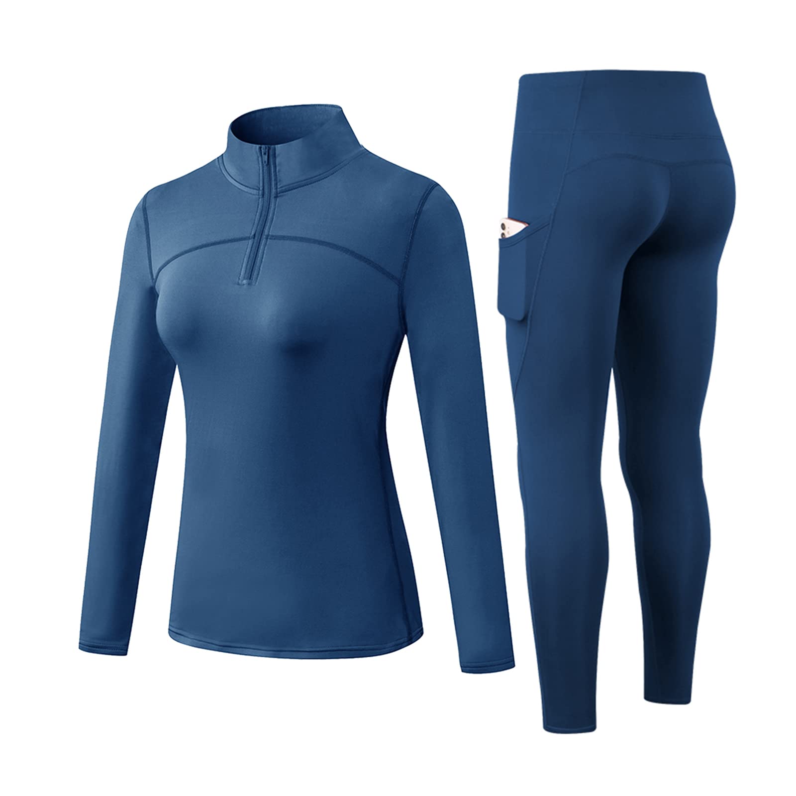Odoland Thermal Underwear for Women, Winter Warm Skiing Base Layer Set Mock Turtleneck Sport Top & Bottom Navy Blue