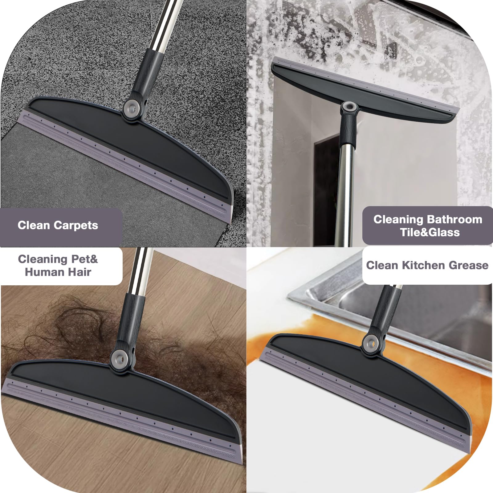 XXFLOWER Silicone Air Broom,Multifunction Magic Broom with Long Handle,Adjustable Rubber Squeeze Broom Sweeping Water,Pet Hair Remover for Carpet,Kitchen,Concrete Floor,Bathroom Tile(Charcoal)