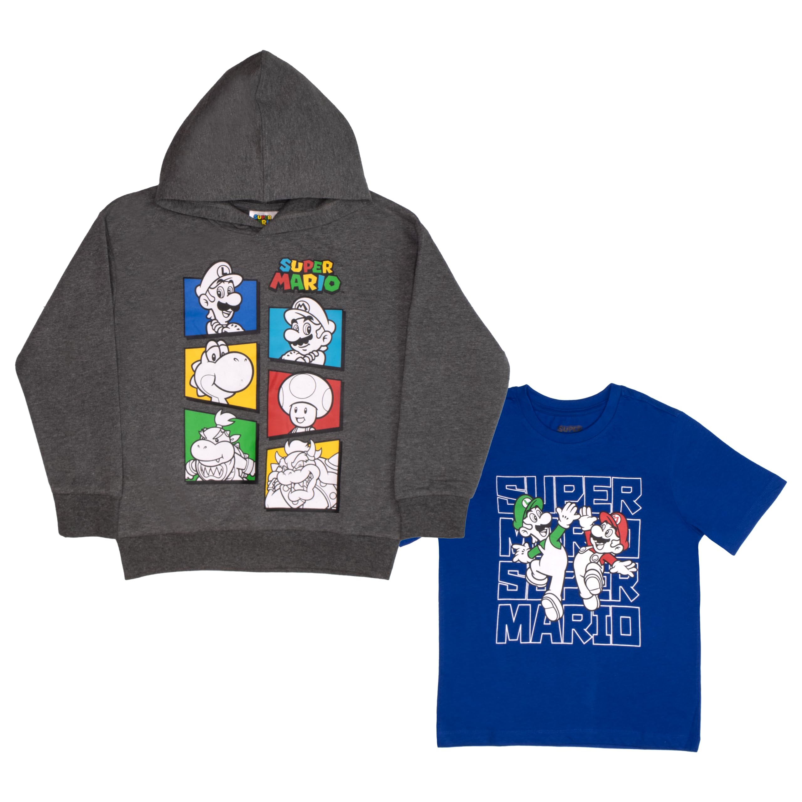 Nintendo Super Mario Hoodie and T-Shirt Combo 2-Pack for Boys, Boys Super Mario Hooded Sweatshirt and Tee Bundle Set (Blue/Black, Size 8)