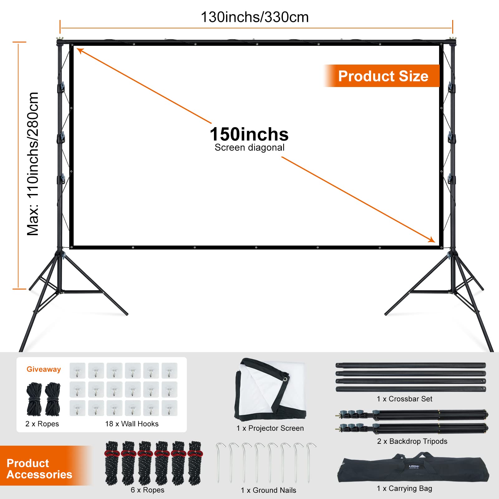 LINCO Projector Screen with Stand, 150inch Outdoor Movie Projector Screen 4K HD 16: 9 Wrinkle Free Design for Backyard Movie Night (Easy to Clean, 1.1Gain, 160° Viewing Angle & A Carry Bag)