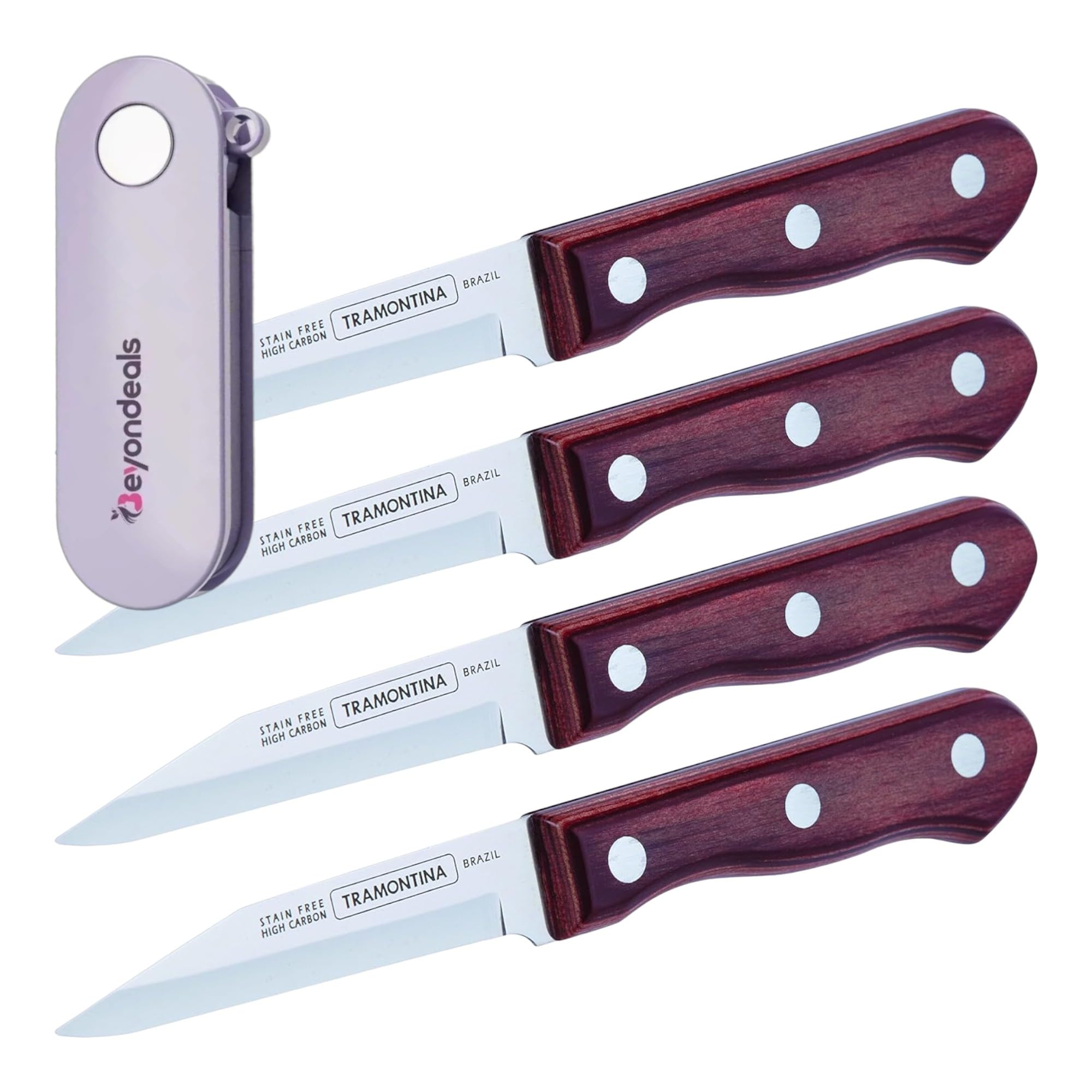 Tramontina Paring Knife 3 Inch, Stainless Steel Blade, Ergonomic Redwood Handle, Precision Cutting & Peeling - Bundle with Foldable Kitchen Peeler, Durable & Rust-Resistant [Pack of 4]