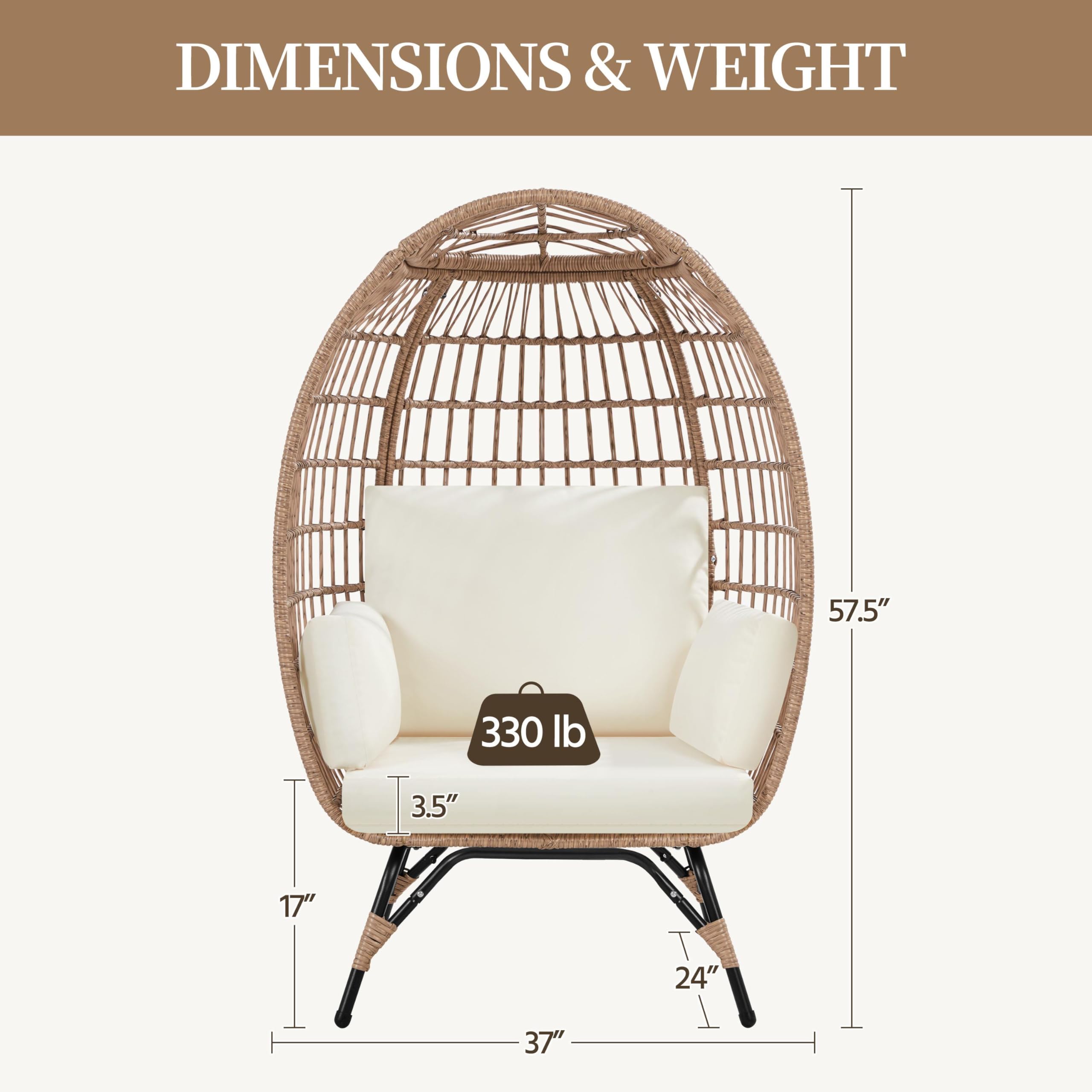 Yaheetech Egg Rattan Chair, Indoor/Outdoor PE Rattan Egg Basket Lounge Chair w/ 4 Cushions, Oversized Egg-Shaped Chair w/Metal Frame Stand for Patio, Backyard, Living Room - Light Brown/Ivory