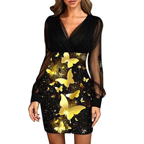 Pinkpaopao Floral Pattern Printed Mini Dress for Women Mesh Deep V Neck Long Sleeve High Waisted Wrap Dress Yellow