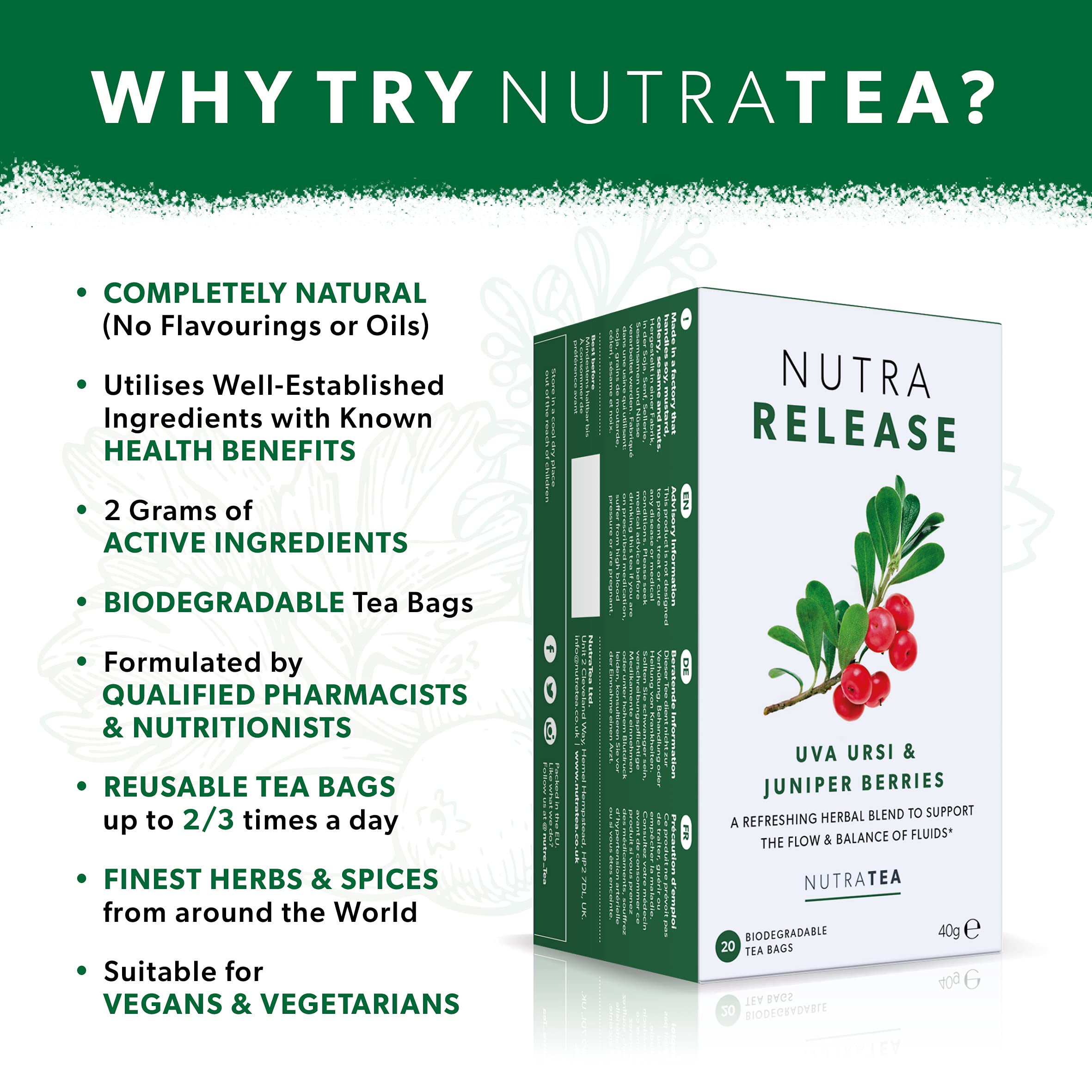 NUTRARELEASE - Kidney Tea | Bloated Stomach Tea β Includes Uva Ursi, Dandelion & Nettle - Assist With Water Retention & Digestion - 20 Enveloped Tea Bags - by Nutra Tea - Herbal Tea
