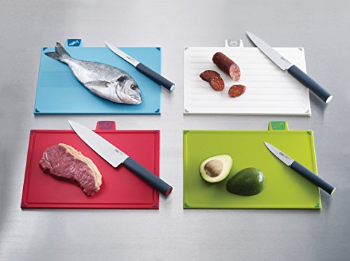 Joseph Joseph Index Plastic Cutting Board Set with 4 Matching Knives and Storage Case Color-Coded Dishwasher-Safe Non-Slip, Small, , Silver with Knives