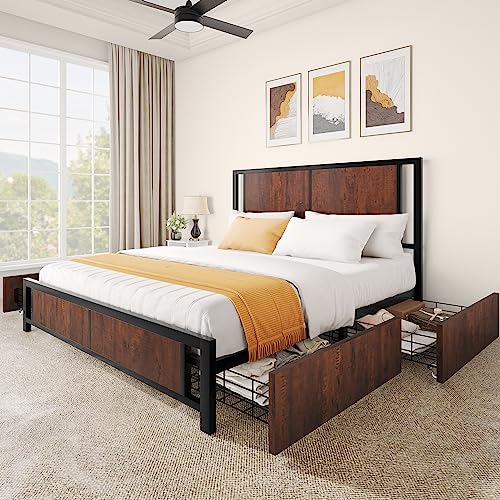YITAHOME Queen Size Bed Frame, Metal Platform Bed with 4 Drawers, Rustic Wooden Storage Bed Frame Mattress Foundation No Box Spring Needed, Vintage Brown