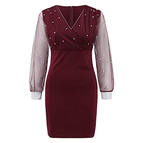 Pinkpaopao Lace Mesh Long Sleeve Wrap Dress for Women Sequins V Neck Elegant Party Dress Solid Color Patchwork Dress