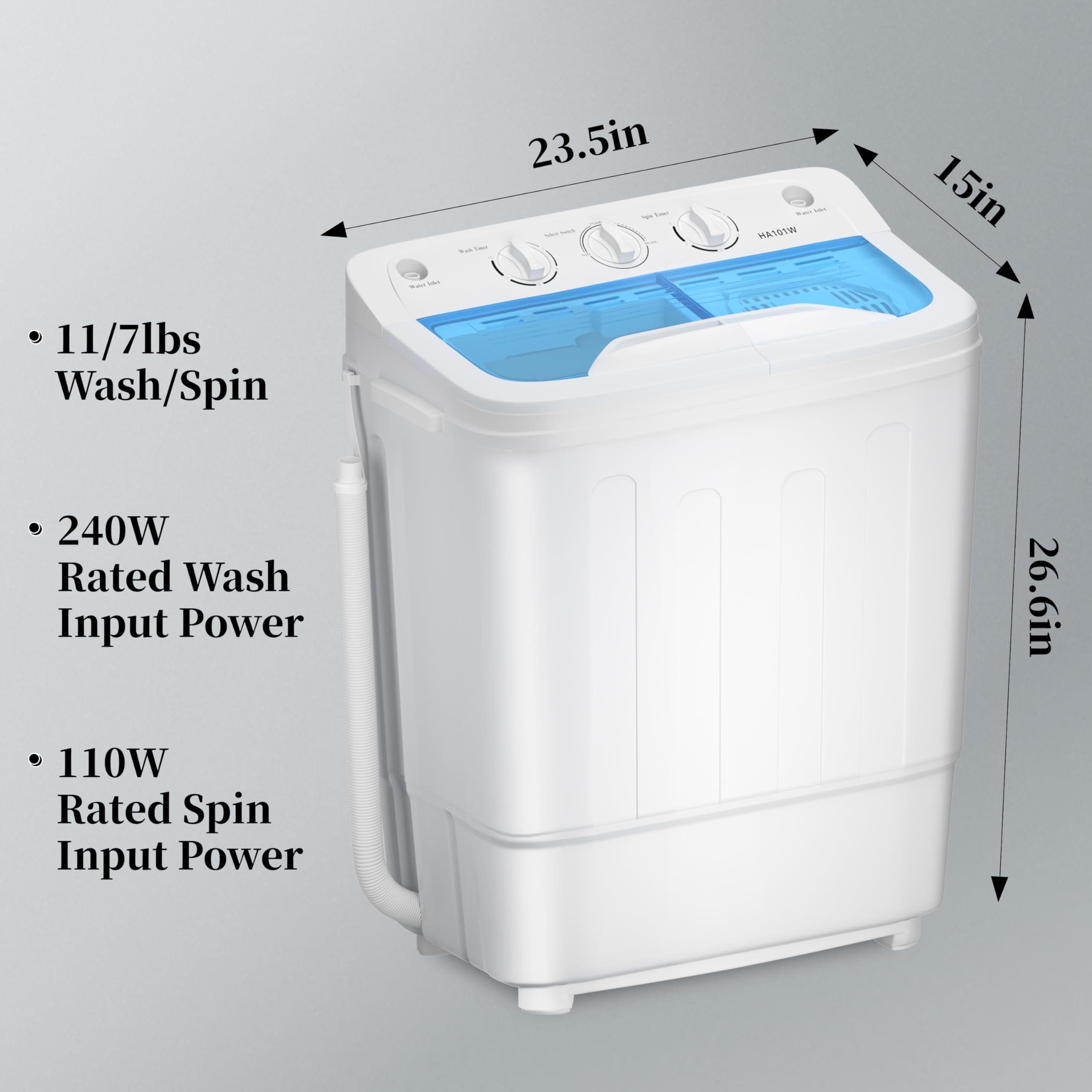 Sportpulse 18lbs Compact Mini Twin Tub Washing Machine with Drying Rack, 11lbs Portable Laundry Washer and 7lbs Spinner, Convenient and Efficient for Dorms, Apartment