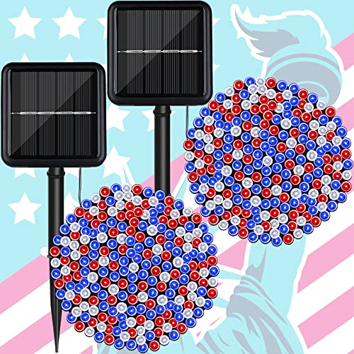 Red White Blue Solar String Lights Outdoor, 2 Sets Each 72.2Ft 200Led Patriotic Lights, 4th of July Decoration Green Wire Lights with 8 Modes for Memorial, Independence Day, Garden, Patio, Yard