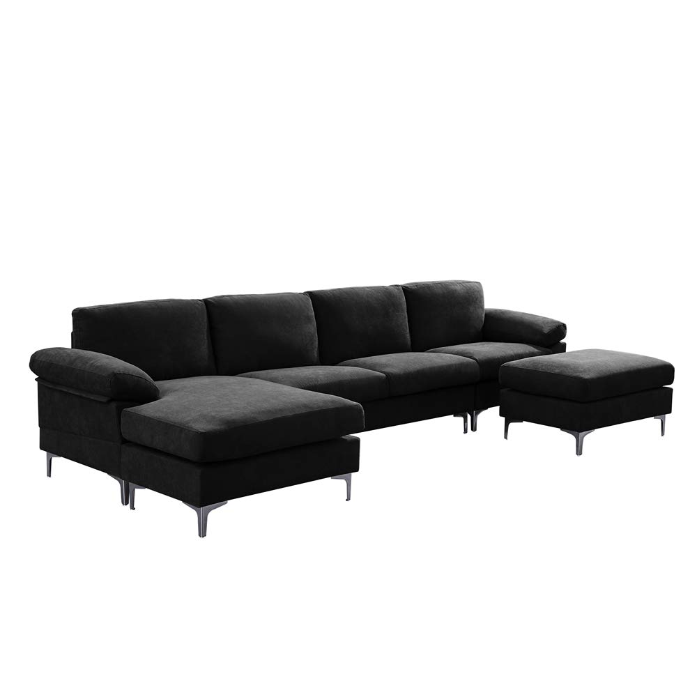 Knowlife Modern Corner Sectional Futon Sofa with Removable Cushions and Ottomans Convertible Sofa Couch for Living Room, 131inL - Black