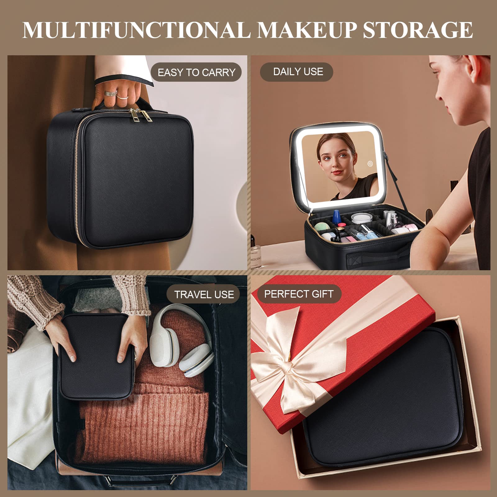 Travel Makeup Bag with Light Up Mirror, Large Makeup Train Case with Adjustable Dividers, Makeup Case with lighted mirror, Makeup Travel Case, Cosmetic Bag Makeup Bag with Mirror Toiletry Gift