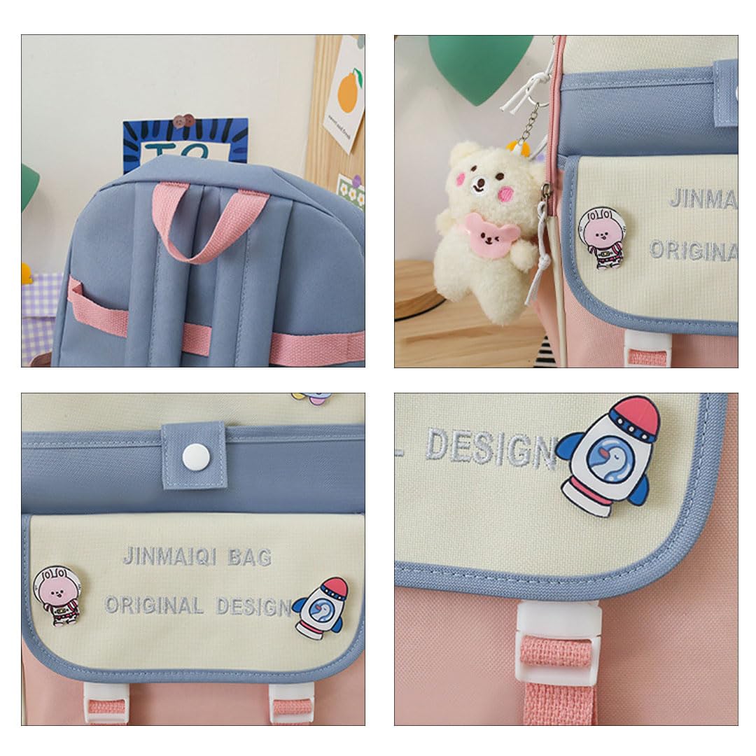 josfey 4Pcs Kawaii Backpack Cute Backpack Aesthetic Backpack Preppy Backpack SetKawaii School Supplies with Accessories (Blue)…