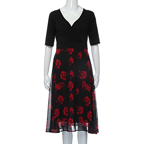 Pinkpaopao Plus Size Women Swing Dress V-Neck Loose Half Sleeve Floral Mesh Splicing Dress