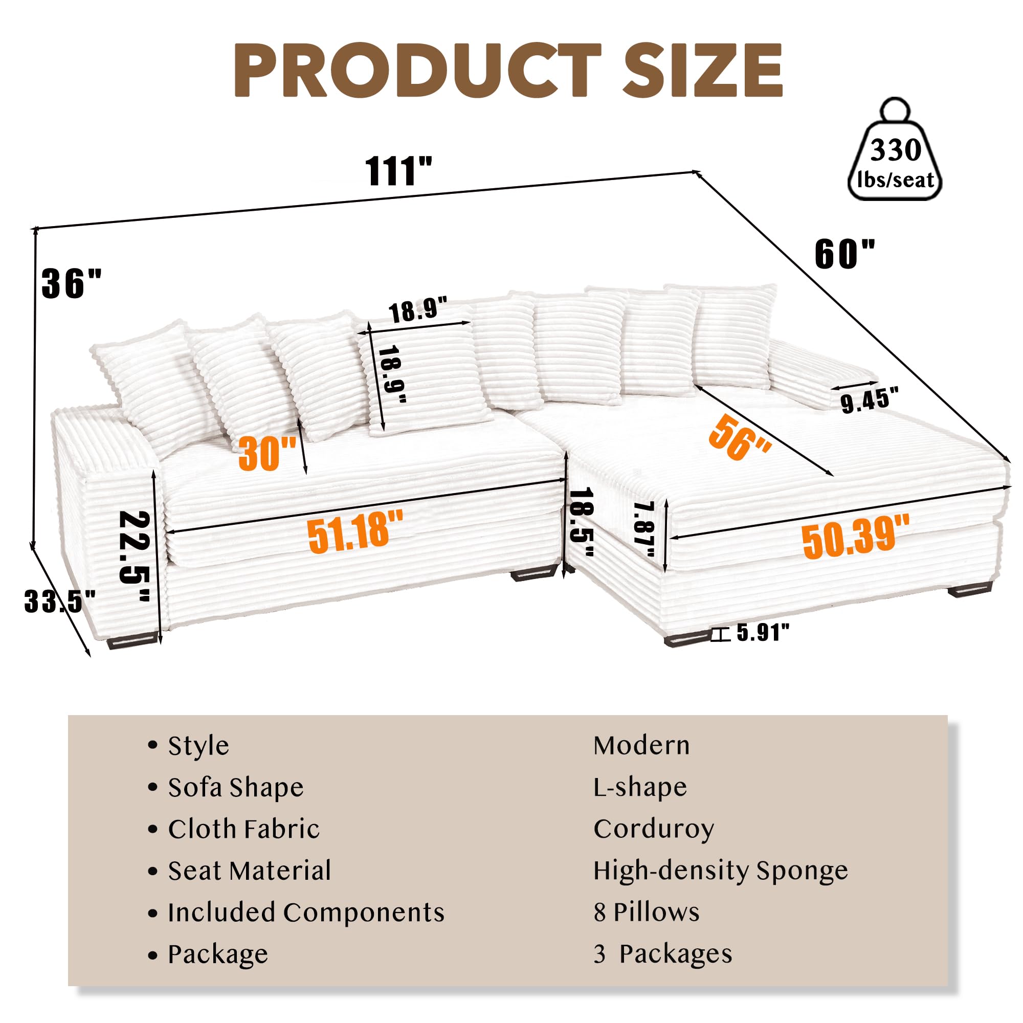 UPYOOE 111'' Modern Sectional Sofa, L-Shaped Corduroy Couch with Right Chaise Daybed, Extra-Wide Oversized Lounge, 8 Pillows, Corner Sofa Set for Living Room, Apartment, Office, Hotel, Bedroom, Black