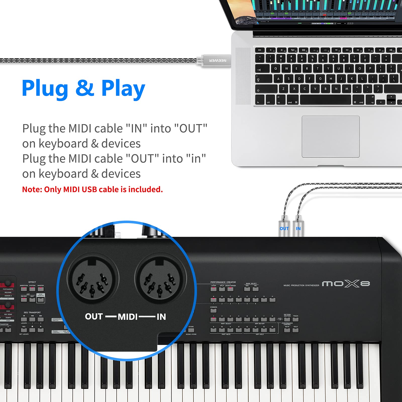 Neewer MIDI Cable, 5-Pin MIDI to USB Cable, MIDI Interface in-Out to USB Converter MIDI Adapter with Indicator for Piano Keyboard to PC Mac Laptop