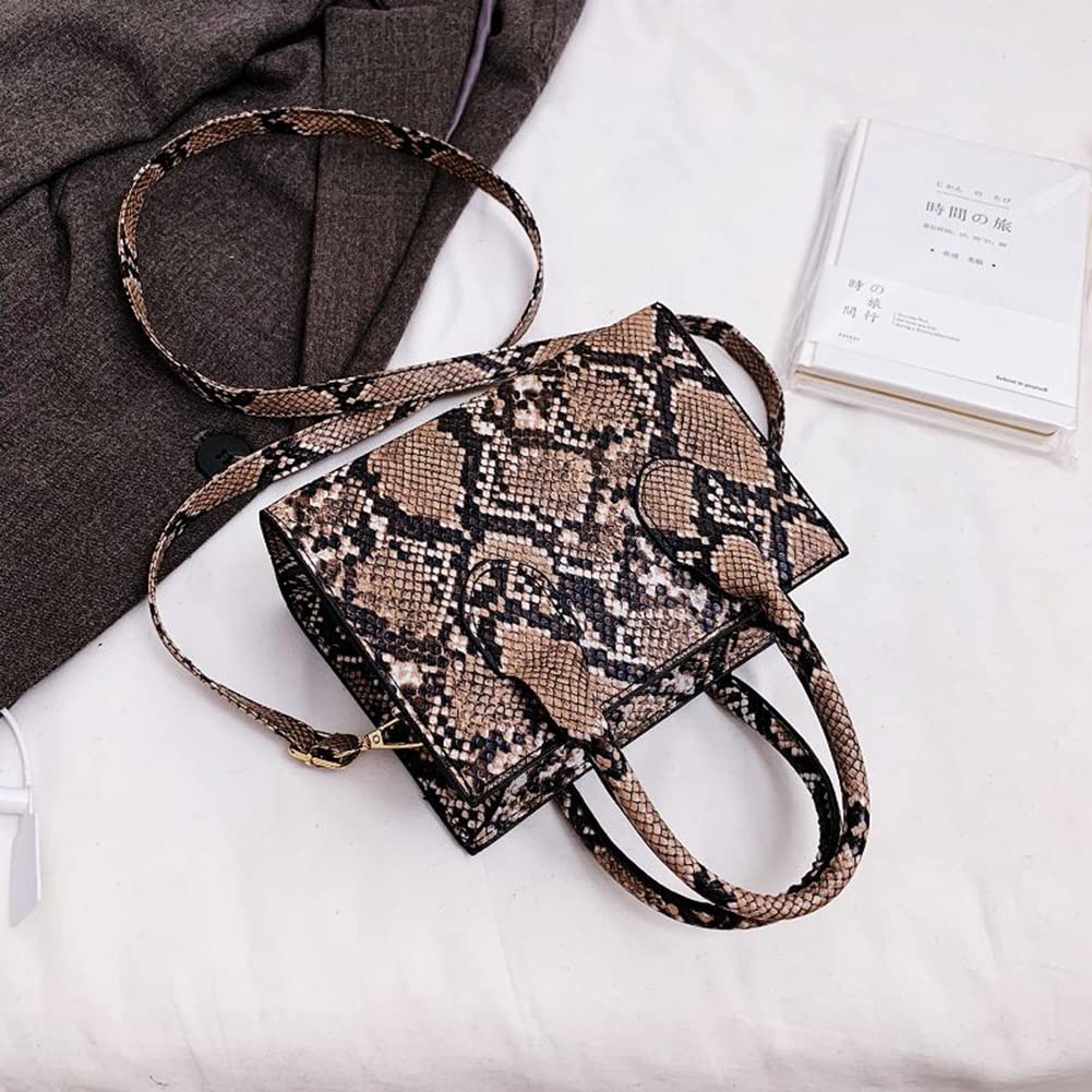 Retro Animal Snake Cow Print Women Messenger Handbag PU Top-Handle Shoulder Bags, Light Brown, 21 x 18 x 5cm
