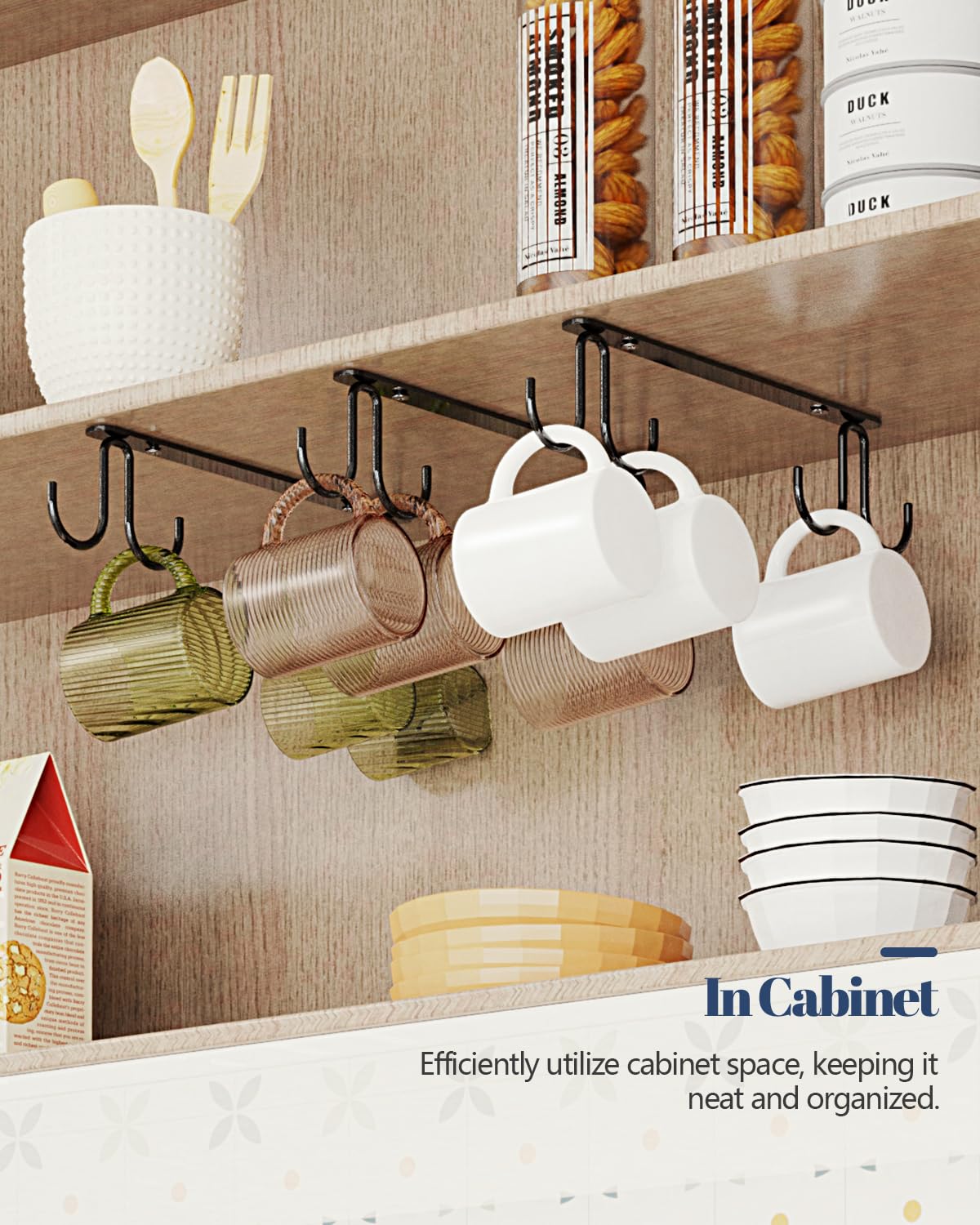 Luckinow Mug Hooks Under Cabinet 3 Pack, Coffee Cup Hooks for Hanging Under Shelf, Mug Organizer Rack with 12 Hooks for Displaying Mugs, Coffee Cups and Kitchen Utensils, Black