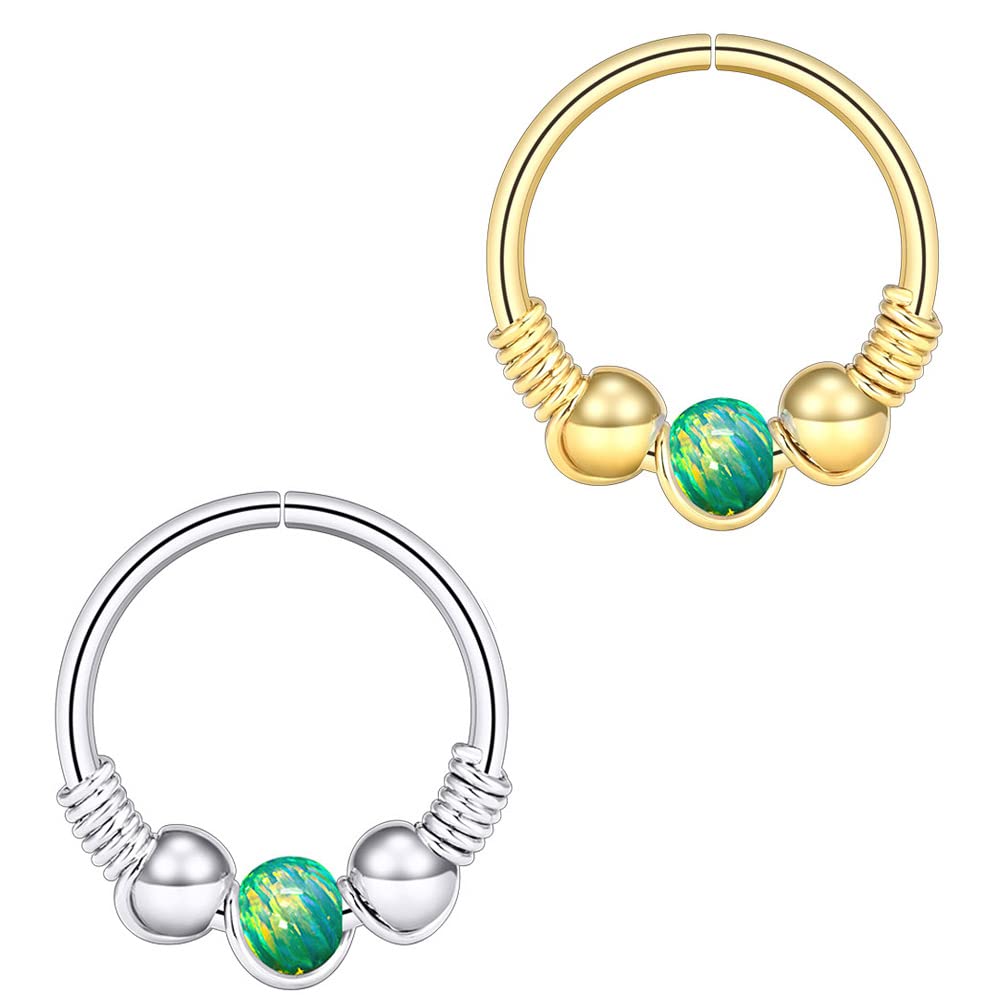 Oyaface 2 PCS 18G(1.1mm) Nose Piercing Rings Septum Nostril Piercing Jewelry mit Green Opal Earrings Set Gold Silvertone