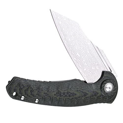 SHIELDON Tranchodon Damascus Pocket Knife with Clip, 3.66" VG10 Blade G10 Handle with Carbon Fiber Overlay, Liner Lock EDC Folding Knife