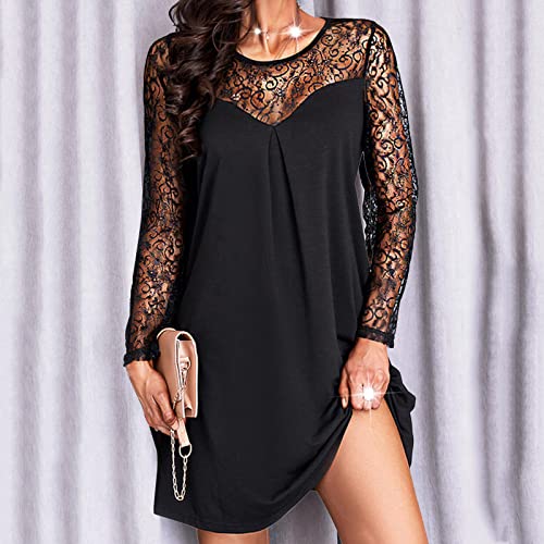Pinkpaopao Women Long Sleeve Tunic Dress Solid Color Mesh Hollow Out Long Sleeve Loose Shift Dress