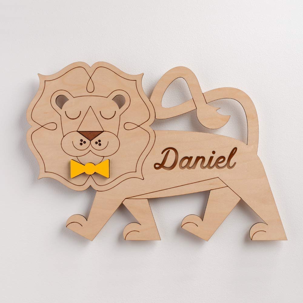 Lion Nursery Room Sign Personalized Name Wooden Animal Wall Hanging Handmade Baby Gift