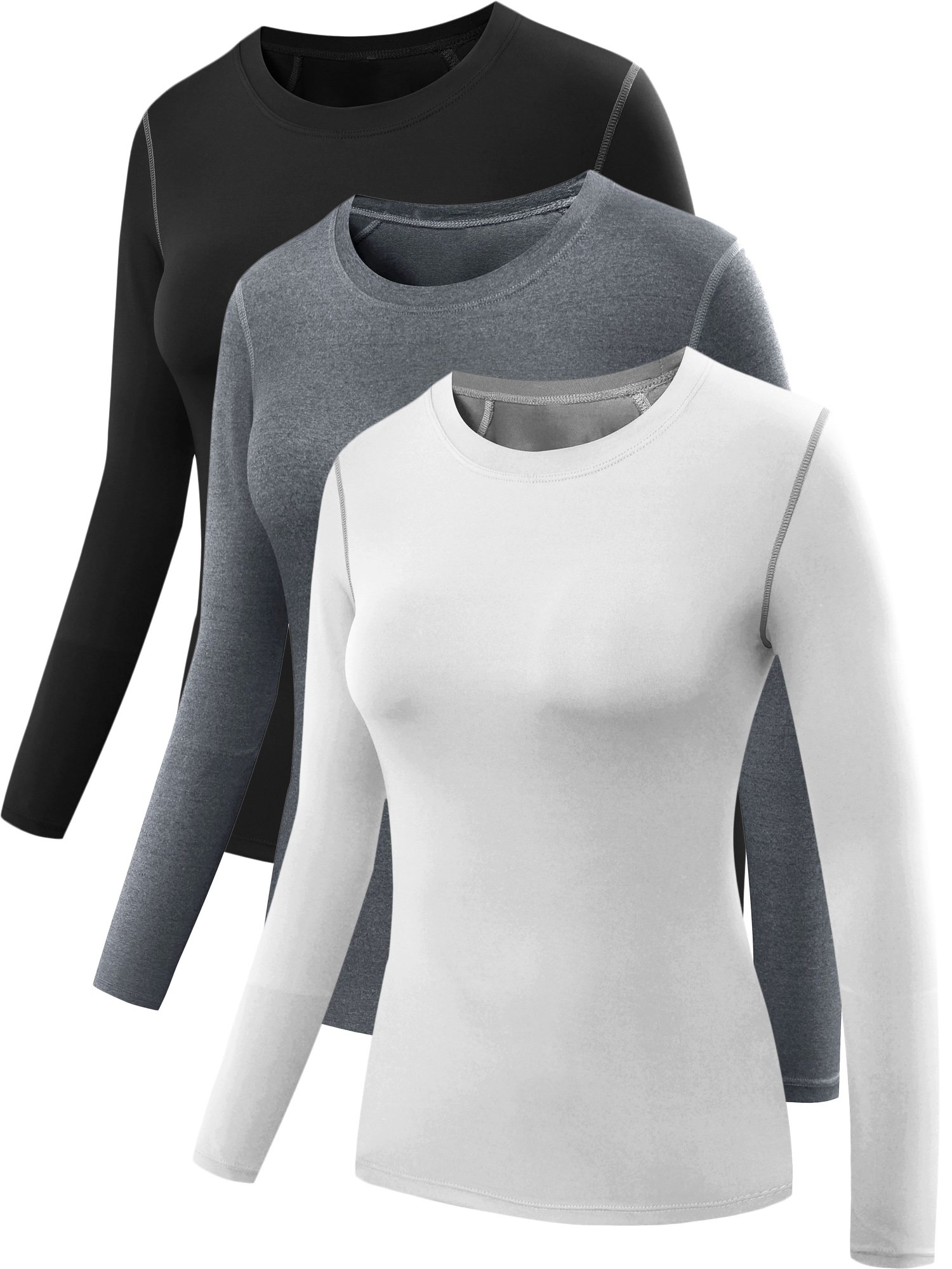 NELEUS Women's 3 Pack Dry Fit Athletic Compression Long Sleeve T Shirt,Black,Grey,White,3XL