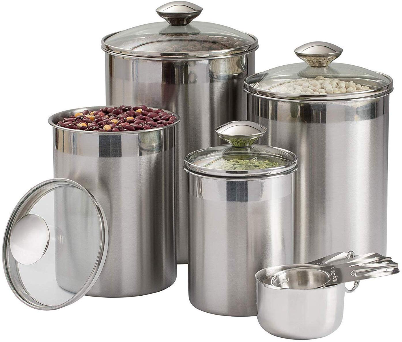 Kitchen Canister Set - Airtight Stainless Steel Canisters with Glass Lids - Clear See-Thru Top - Containers Set for Kitchen - Ideal for Food, Flour, Sugar, Coffee, Tea & Pantry Storage (8 Piece Large)