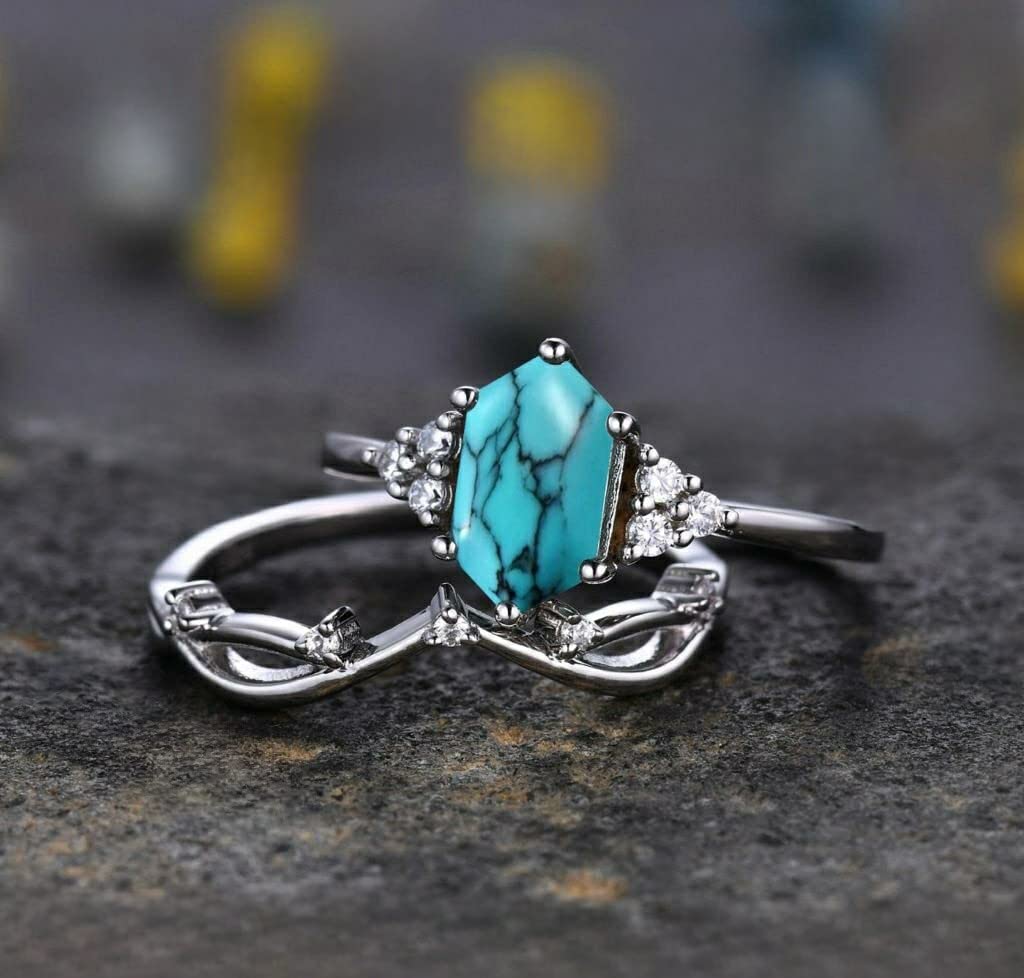 Retro Hexagon Turquoise Ring,Vintage Sterling Silver Ring Set,Unique Turquoise Engagement Ring,Promise Ring,Anniversary Ring Gift For Her (WHITE GOLD, 12)