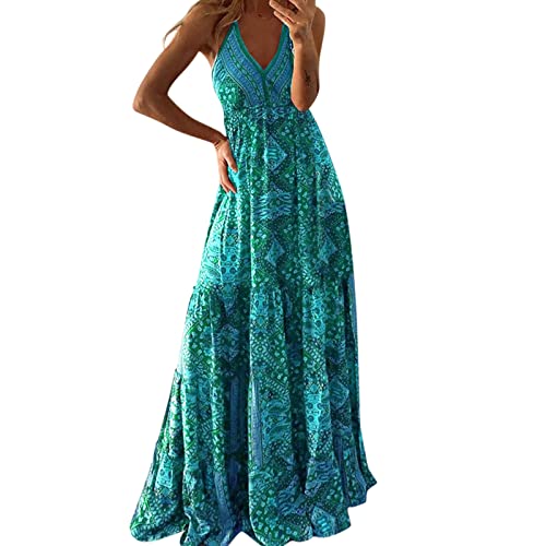 Pinkpaopao Women's Halter Neck Maxi Dress High Waisted Patchwork Ruched Backless Tie Ups Straps Printed Dress