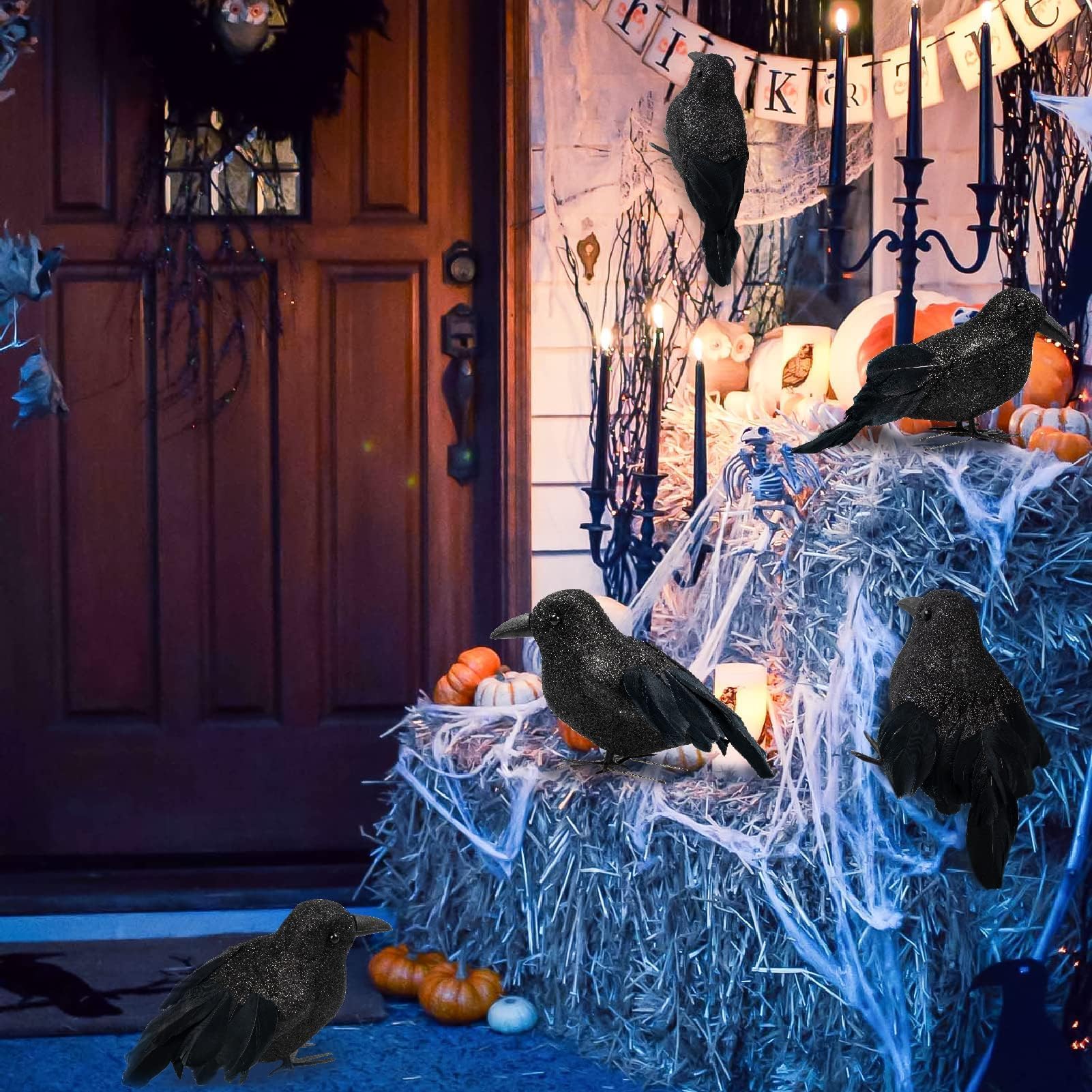 kockuu Crows Halloween Decorations - 6Pcs Halloween Crows Raven Black Birds Glitter Feathered Decor for Halloween Home Tree Garden Yard Indoor Outdoor Decorations