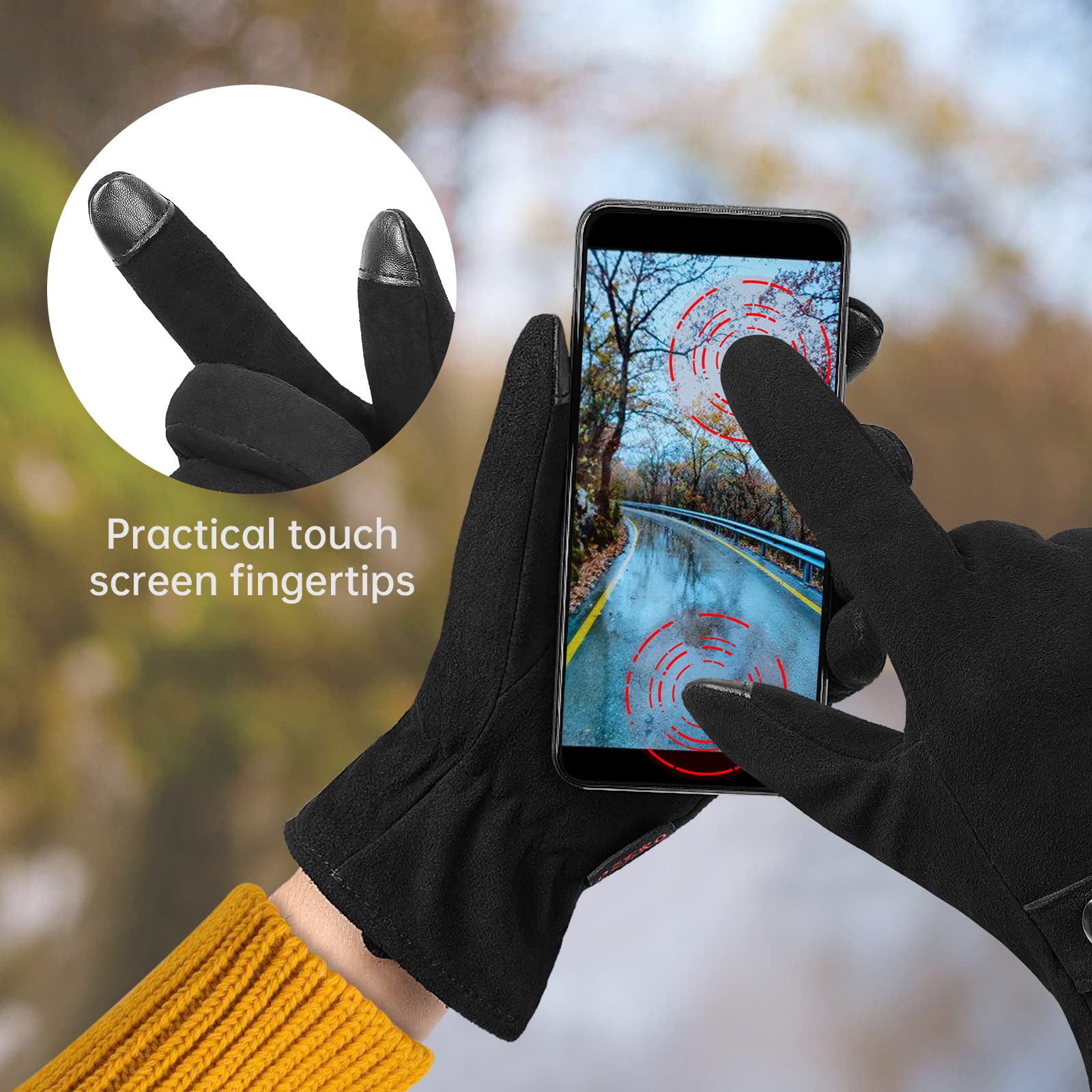 OZERO Women Winter Touchscreen Gloves: Deer Leather Cold Weather Warm Gloves | Womens Lined Black Touch Screen Thermal Gloves for Cycling Running Driving Texting