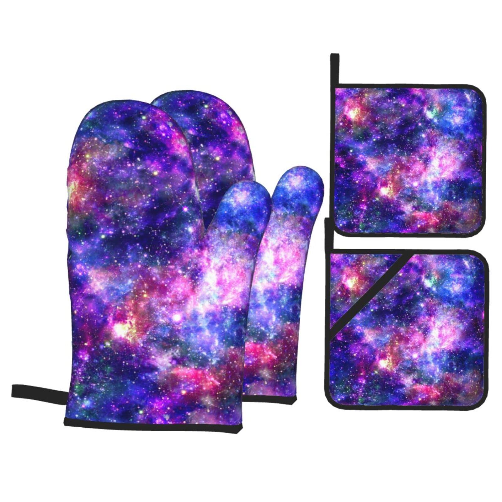 nhbfcds Galaxy Oven Mitts and Pot Holders Sets, 4 Piece Set, Heat Resistant Polyester Gloves and Pads for Kitchen Cooking Baking Grilling BBQ, One Size